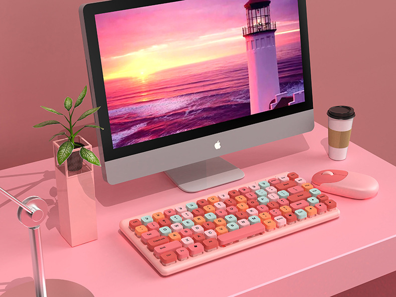Wireless Keyboard And Mouse Set Girl Lipstick Color Retro Round Hat ...